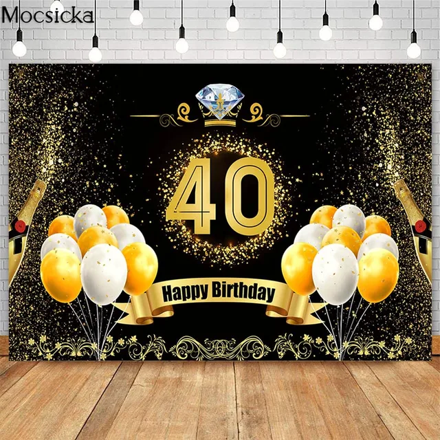 Mocsicka Happy 40th Birthday Backdrop Golden Glitter Balloon Flowers ...