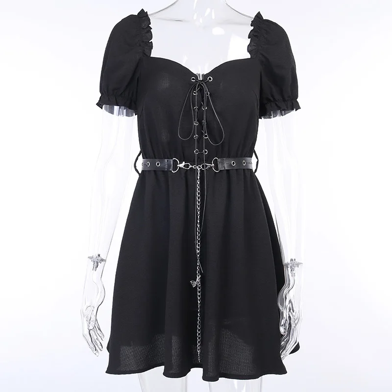 Insgoth Harajuku Punk Black Mini Dress Gothic Streetwear Bandage
