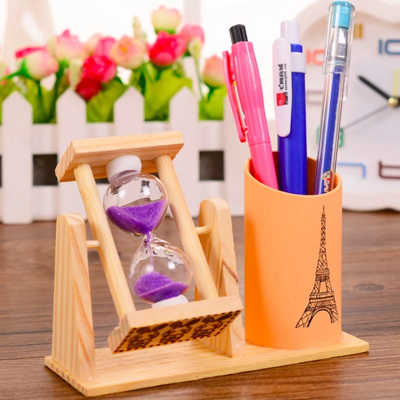 Wooden Pencil Stand Timer Wood Pen Holder Office Desk Accessories with ...