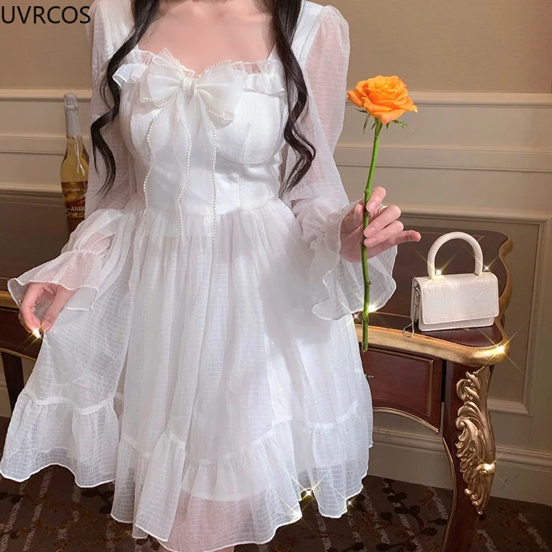 French-Style-Sweet-Fairy-Dress-Women-Cute-Bow-Chiffon-Y2k-Mini-Princess ...