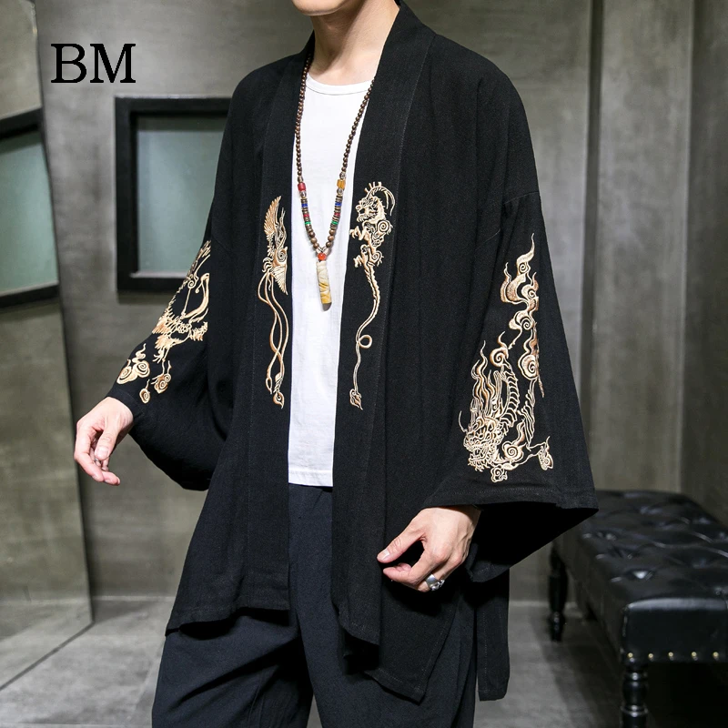 2020 Fashion Costume Embroidery Hanfu Men Chinese Style Linen Robe ...