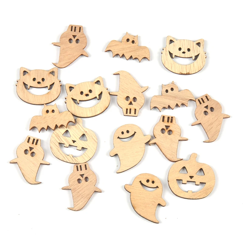 25pcs Horror Pumpkin Ghost Cat Natural Wooden Pendant Halloween Party ...
