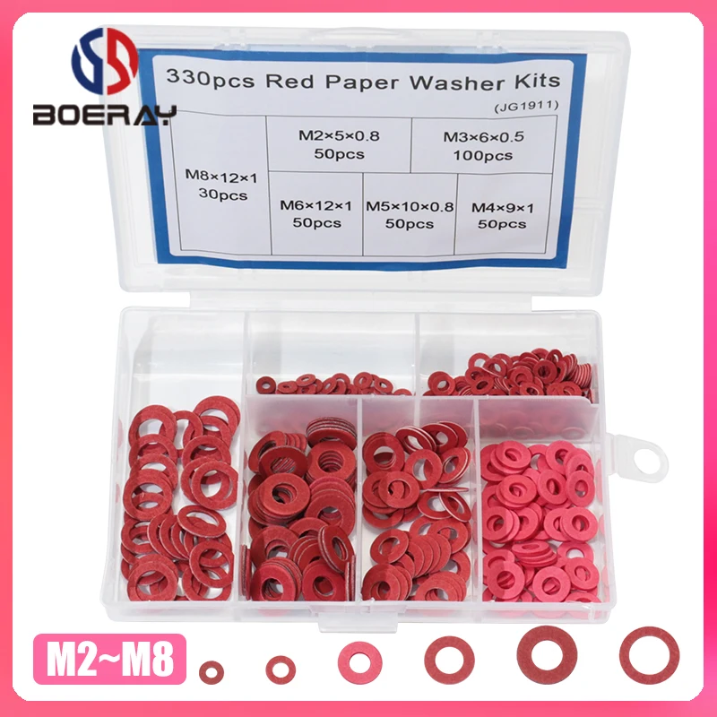 330pcs Red Steel Washers Flat Pad Paper Meson Gasket Washer Set Spacer ...
