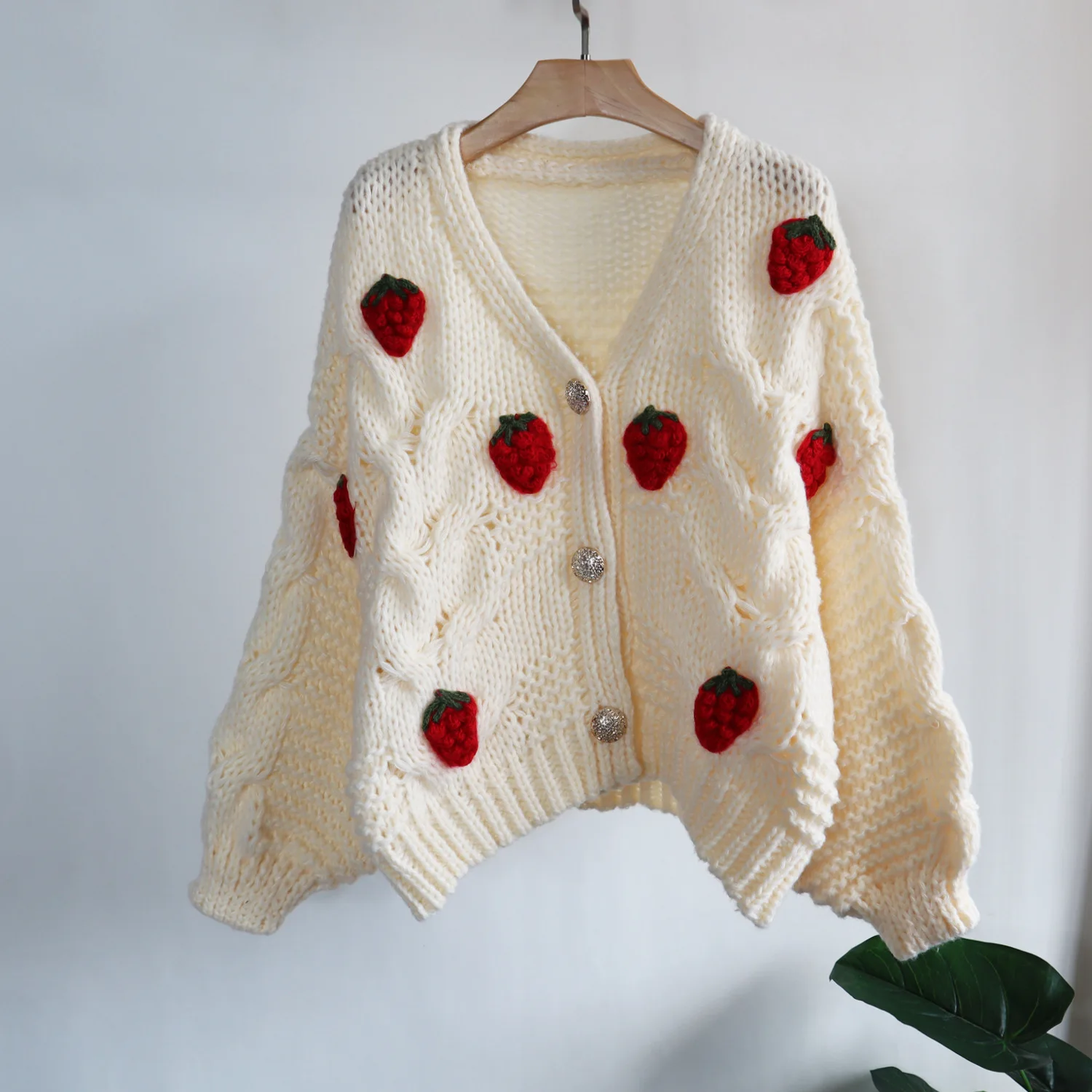 Loose Women's Cardigan Sweater with Knitted Strawberry Decor|Cardigans ...