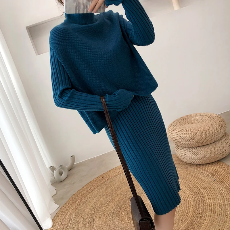 Knitted Two Piece Set Winter Outfits Turtleneck Sweater And Bodycon ...