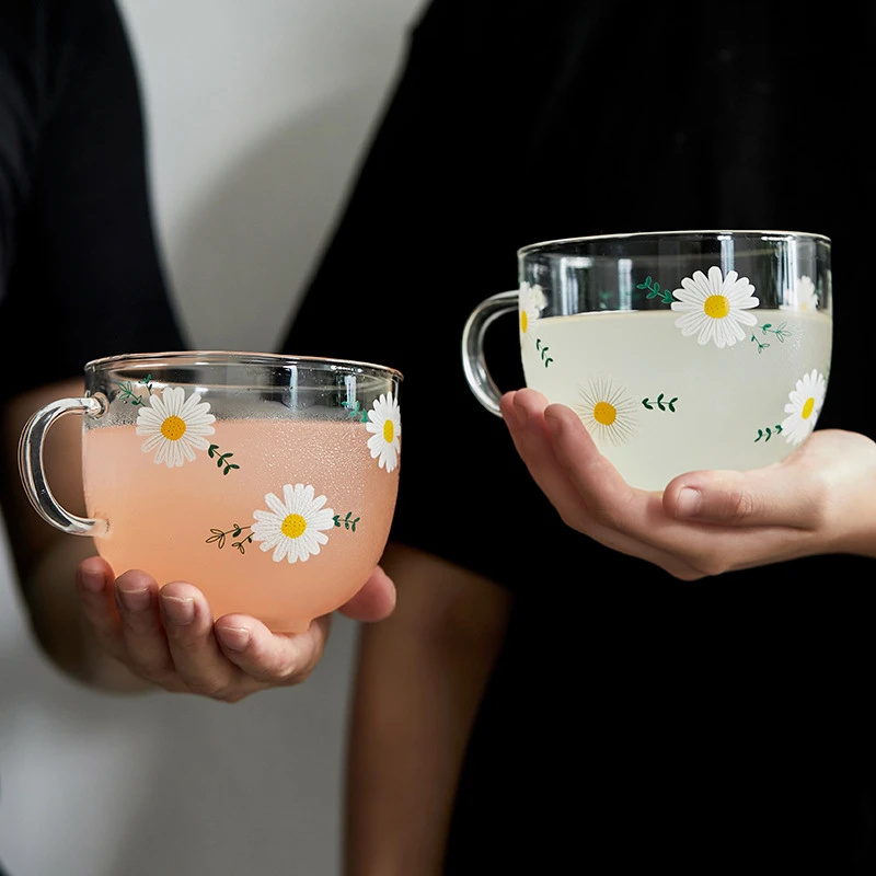 Korean Daisy Print Glass Coffee Mug with Handle Heat Resistant Clear ...