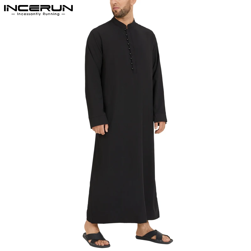 Muslim Men Jubba Thobe Long Sleeve Solid Color Breathable Robes 2022 Stand Collar Islamic Arabic ...