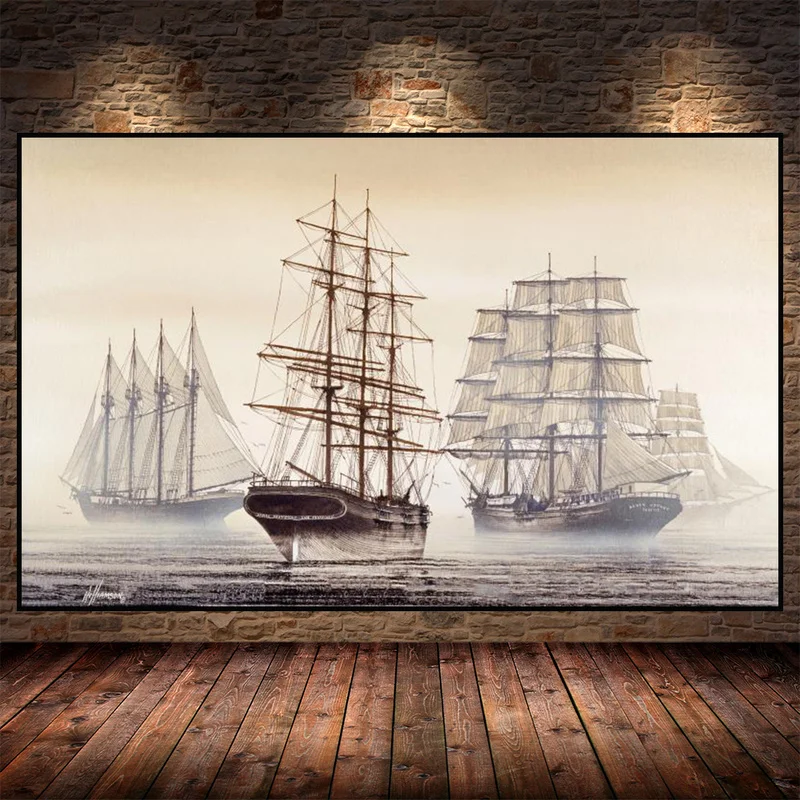 Boats-on-The-Sea-Abstract-Natural-Landscape-Poster-Canvas-Painting-Wall ...