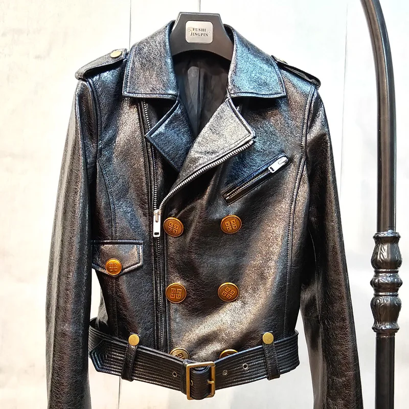 Ropa de cuero genuino para mujer, chaqueta ajustada de piel de oveja ...