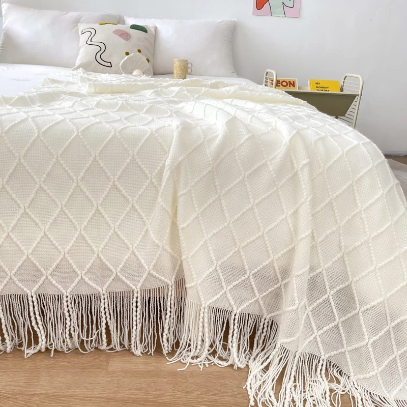 Bonenjoy Witte Kleur Gebreide Deken Nordic Vlakte Bed Decoratieve Draad ...