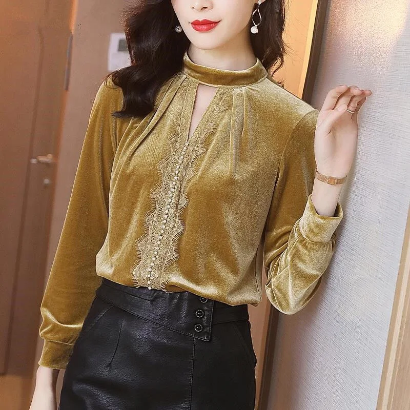 Korean-Spring-Fall-Fashion-Womens-Lace-Patchwork-V-Neck-Ginger-Velour ...