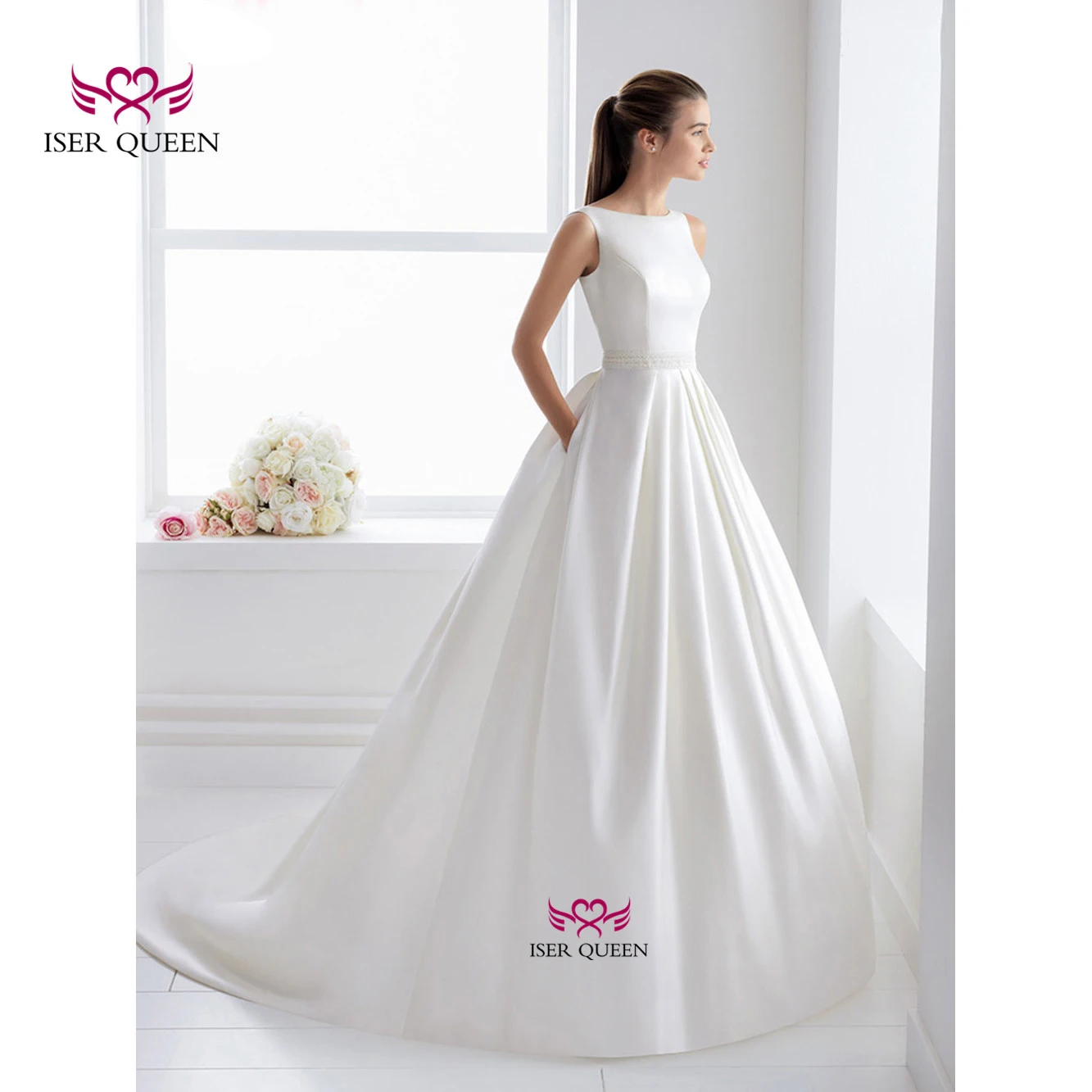 Блестящий атлас чистый белый Простой невесты платья без рукавов нежное ...