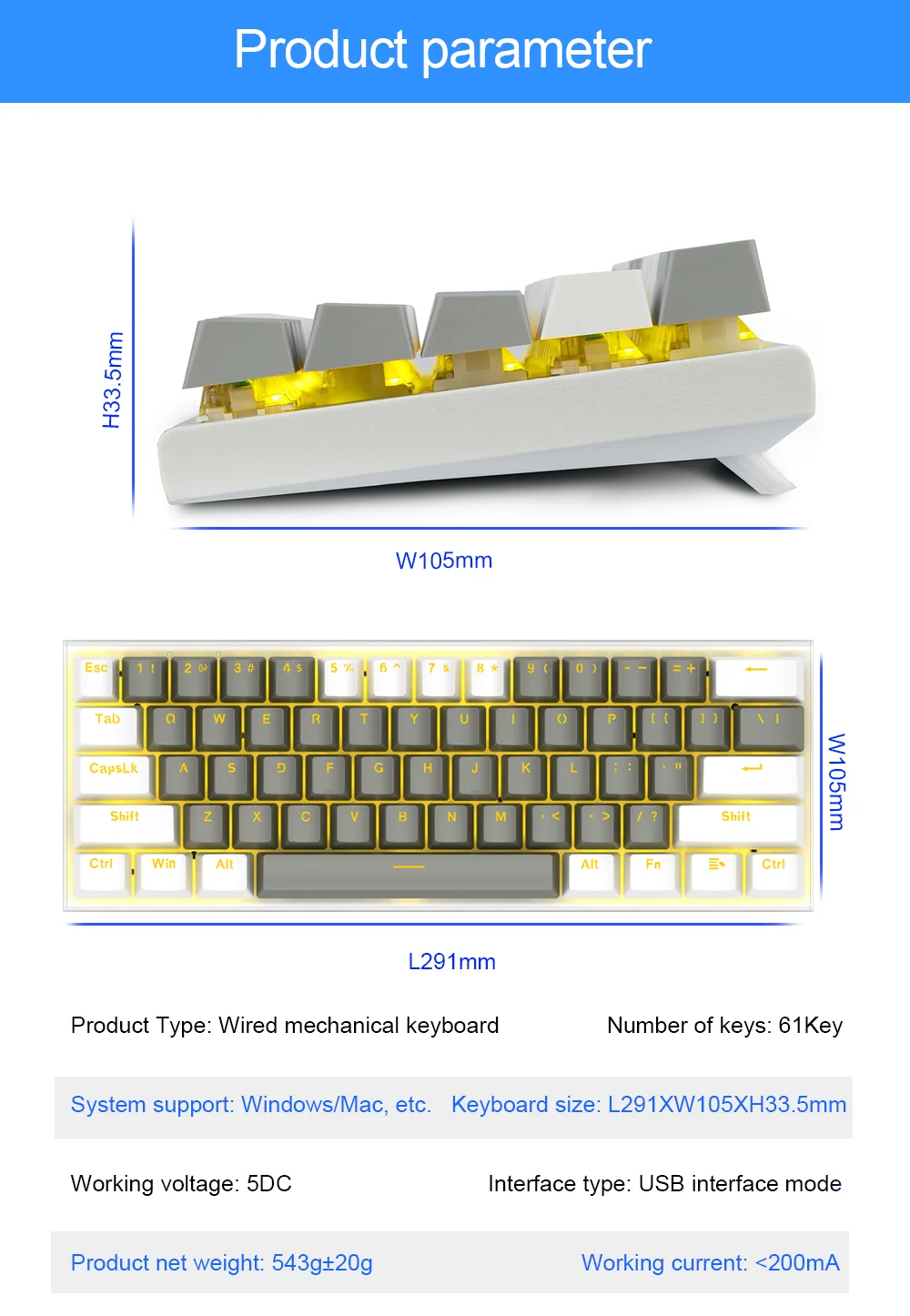 EYOOSO Z11 61 Keys Wired Mechanical Gaming Keyboard with Solid Backlit ...