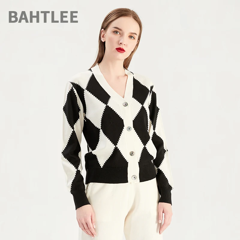 BAHTLEE-Women's Wool Knitted Cardigan, V-Neck Sweater, Long Sleeves ...
