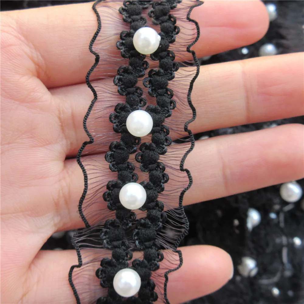 2-Yards-Lot-Black-Pearl-Beaded-Elastic-Lace-Trim-Tape-Lace-Ribbon ...
