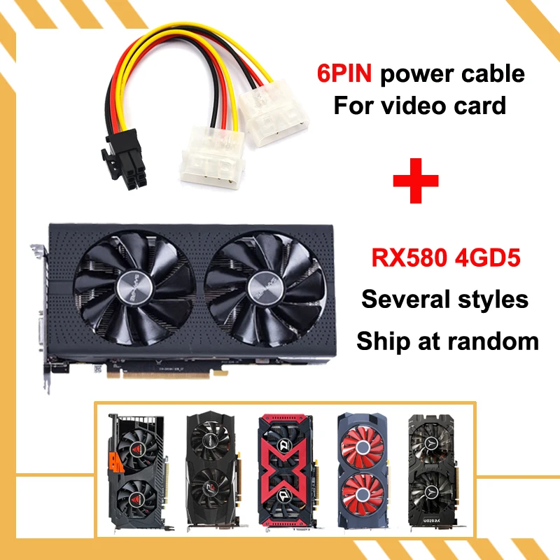 Rx580 4g 8g placa de vídeo com adaptador de cabo de alimentação 6pin ...