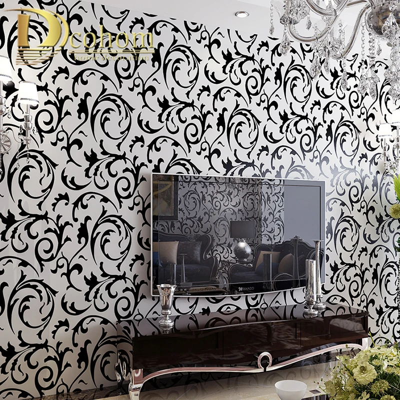 Black And White Damask Wallpaper In Room