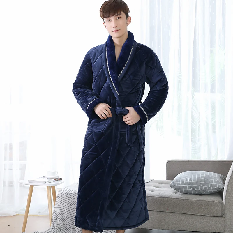 Winter-Long-Robe-For-Male-Three-Layers-Quilted-Bathrobe-Thick-Flannel ...
