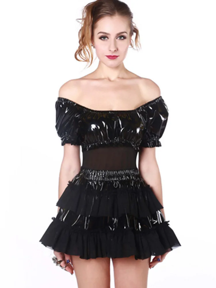 Vestido de couro pvc com aparência molhada preta, 2 peças, roupa de ...
