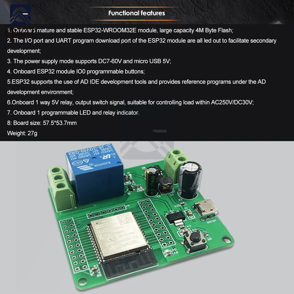 Generic Esp32 Single Relay Module Esp32-Wroom Development Board 1 Channel Dc7-60v I/o Port And ...