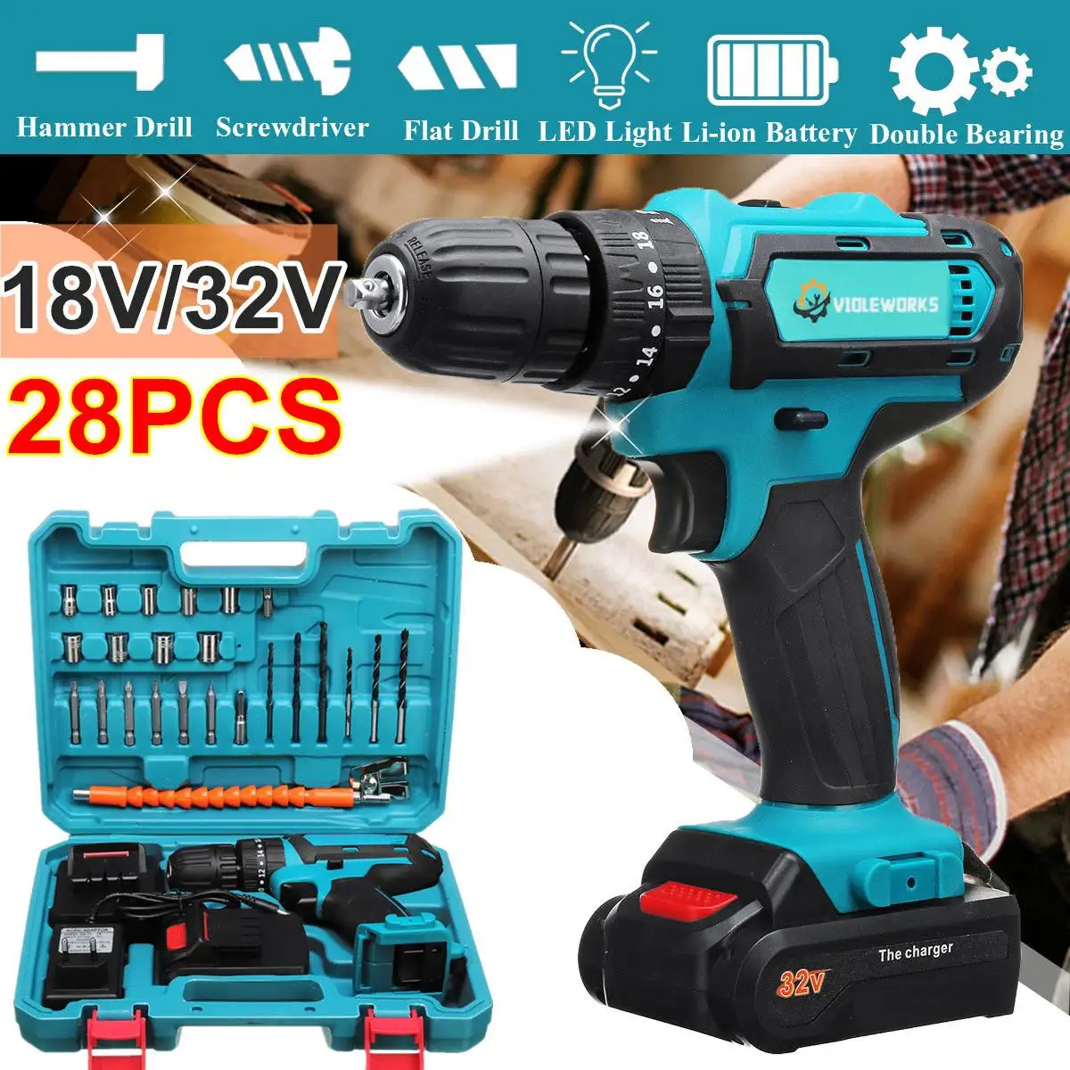32v 3 In 1 Cordless Electric Screwdriver Drill Hammer Variable Speed ...