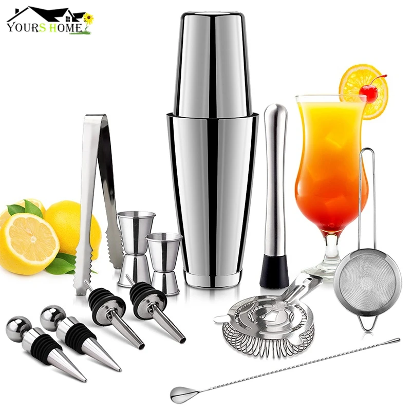 13pcs/set Stainless Steel Cocktail Shaker Ice Tong Mixer Drink Boston ...