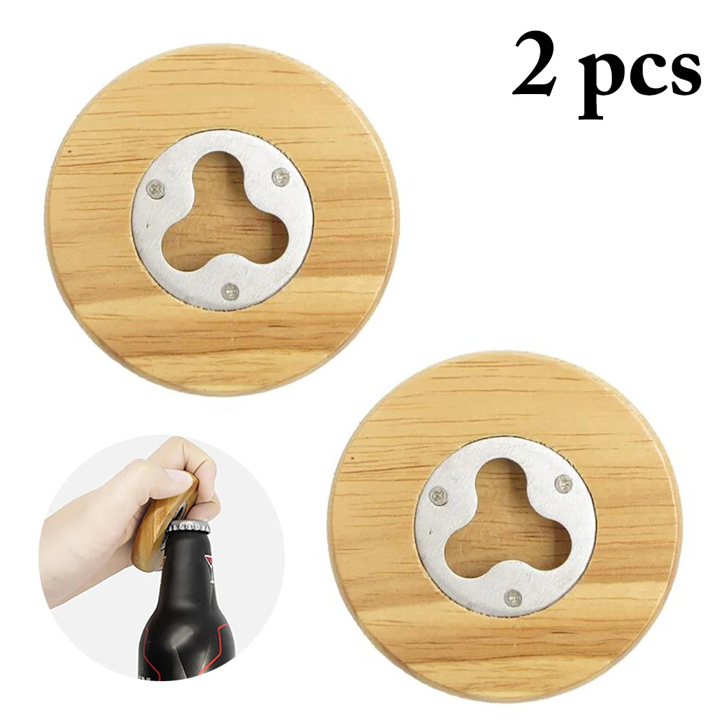 2pcs Bottle Openers Wood Round Stainless Steel Cap Opener Beer Bottle ...