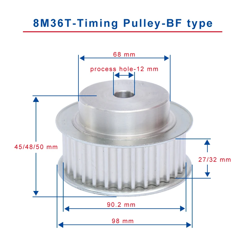 8M 36T Timing Pulley Process Hole 12 mm Teeth Pitch 8 mm Aluminum ...