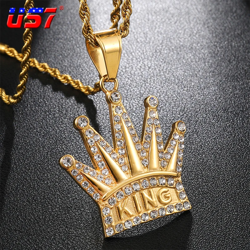 US7-Bling-Iced-Out-Crown-KING-Pendants-Necklaces-Crystal-Tennis-Chain ...