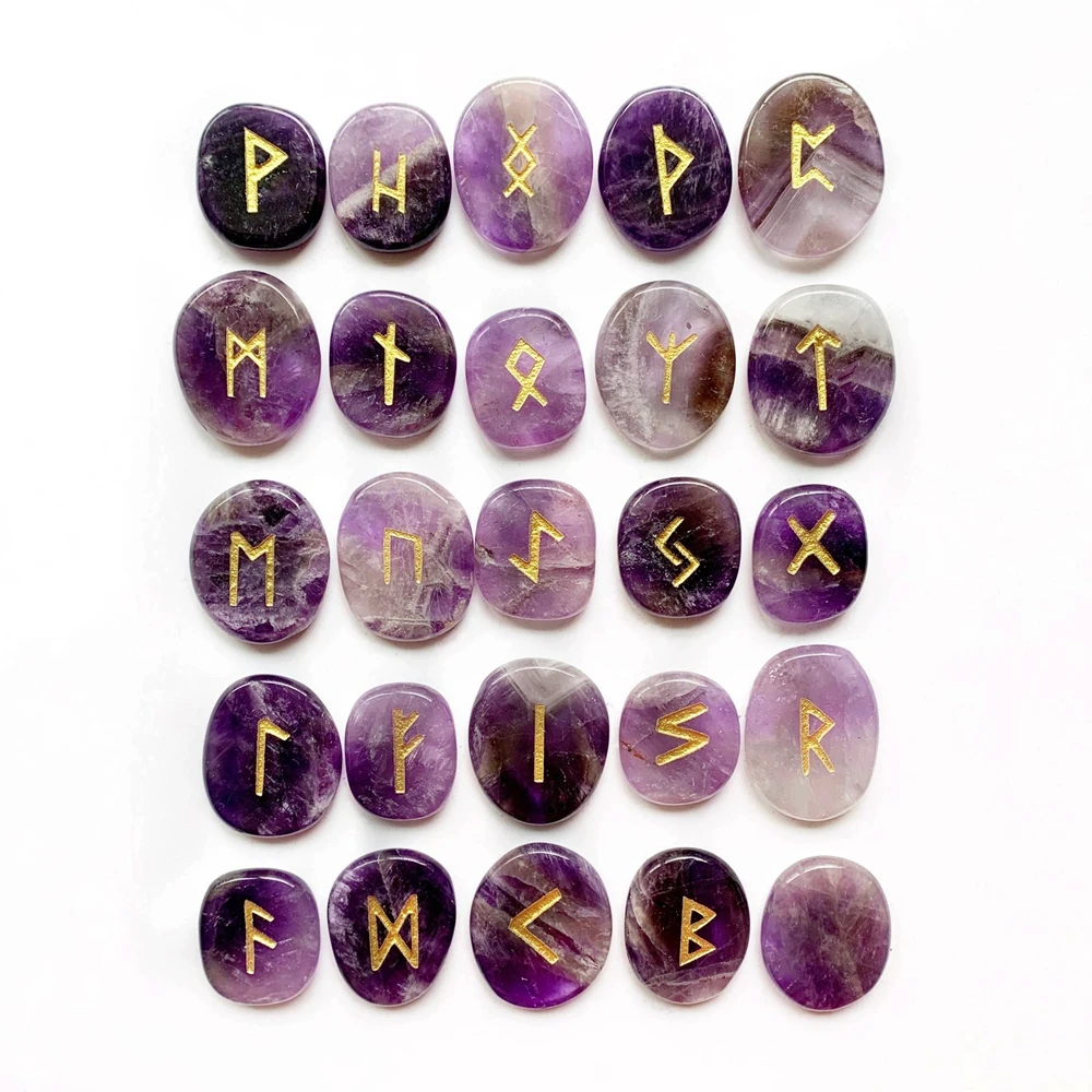 Natural Purple Quartz Amethyst Stone Runes Set Palm Stones Viking Runes ...