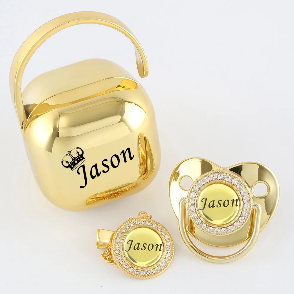 Any Name Personalized Gold Bling Pacifier Chain Clip Pacifier Box Set ...