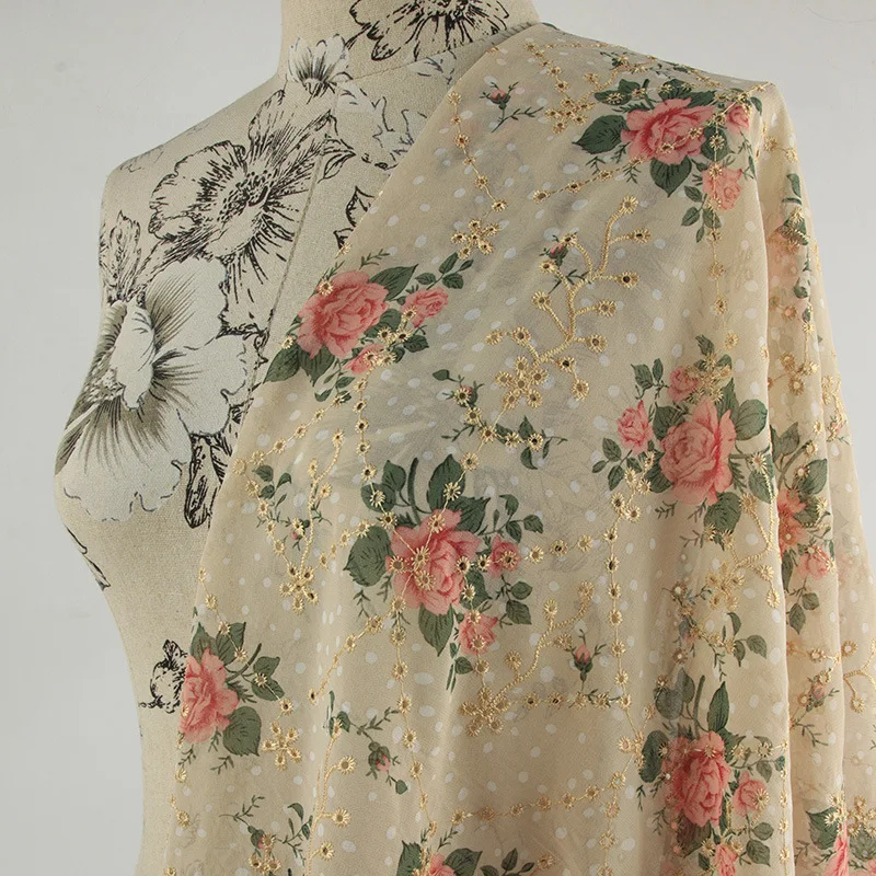 New rose pattern embroidery printed chiffon fabric women's wear ...