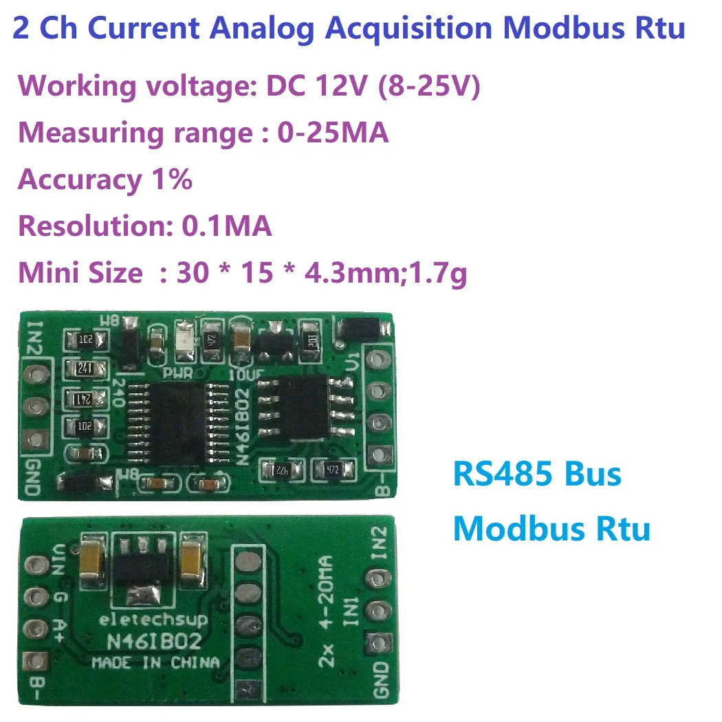 아날로그 획득 모듈, 12 비트 ADC 보드, Modbus RTU PLC, 4 20MA RS485, 2 채널 DC 12V 0 ...