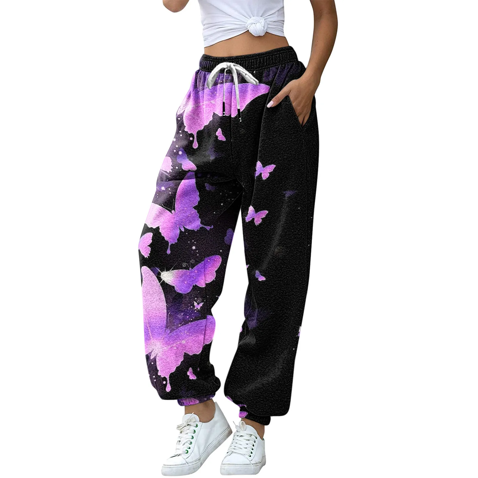 Streetwear Cartoon Butterfly Print Women Pants Autumn Elastic High ...