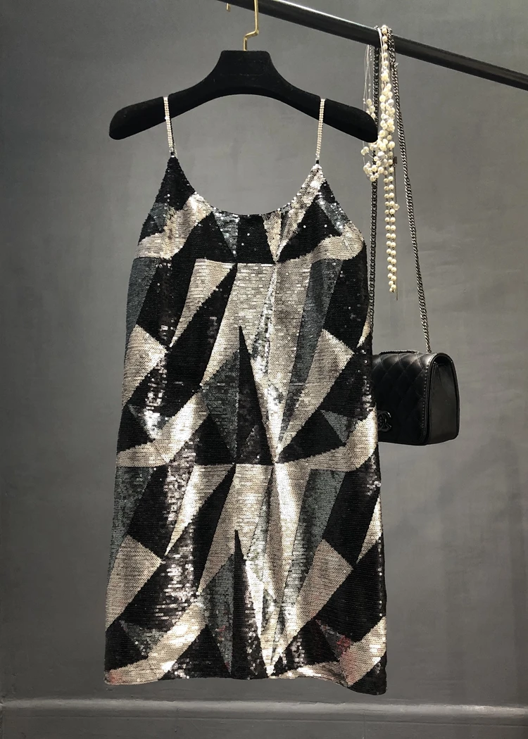 Yan Li Geometric Splicing Patterns of Long Sequined Skirt with Shoulder ...