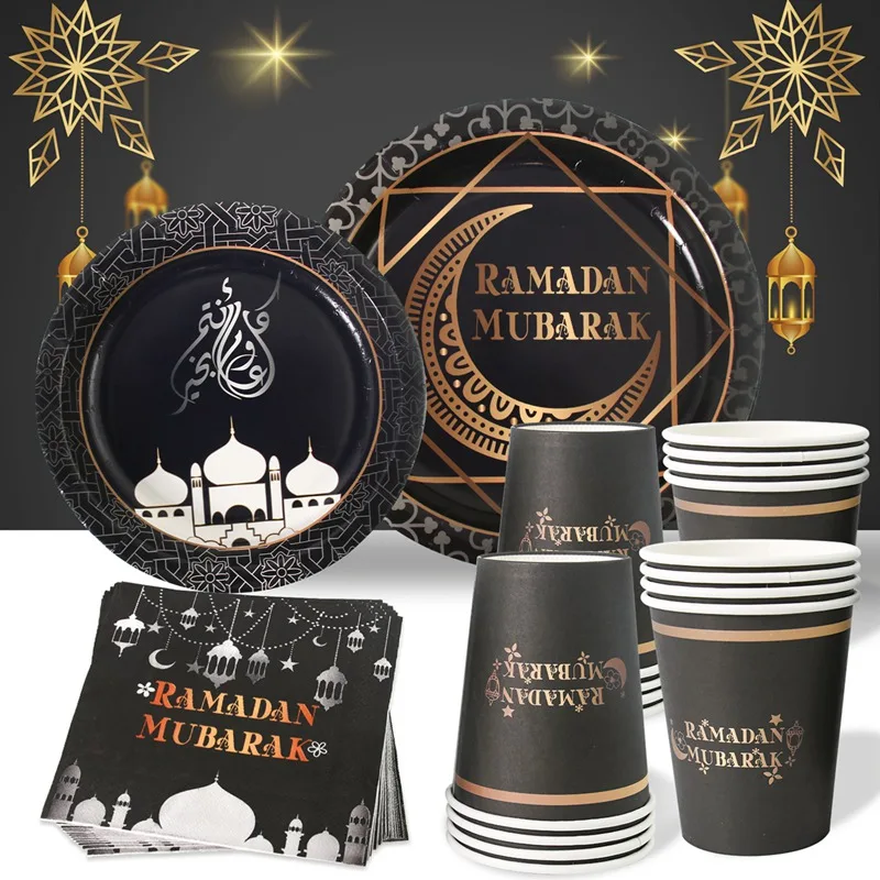 Eid-Mubarak-Black-Gold-Tableware-Star-Moon-Ramadan-Decoration-Islamic ...