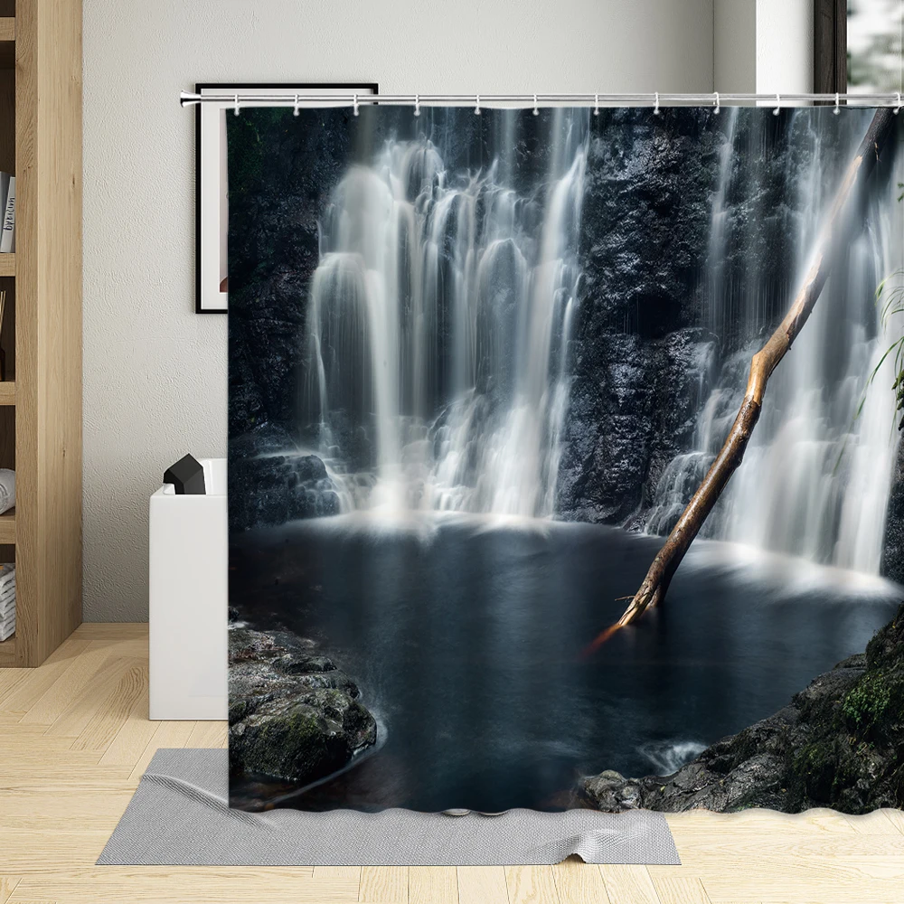 Scenery Shower Curtain, Waterfall Mountain In Forest Jungle Landscape ...