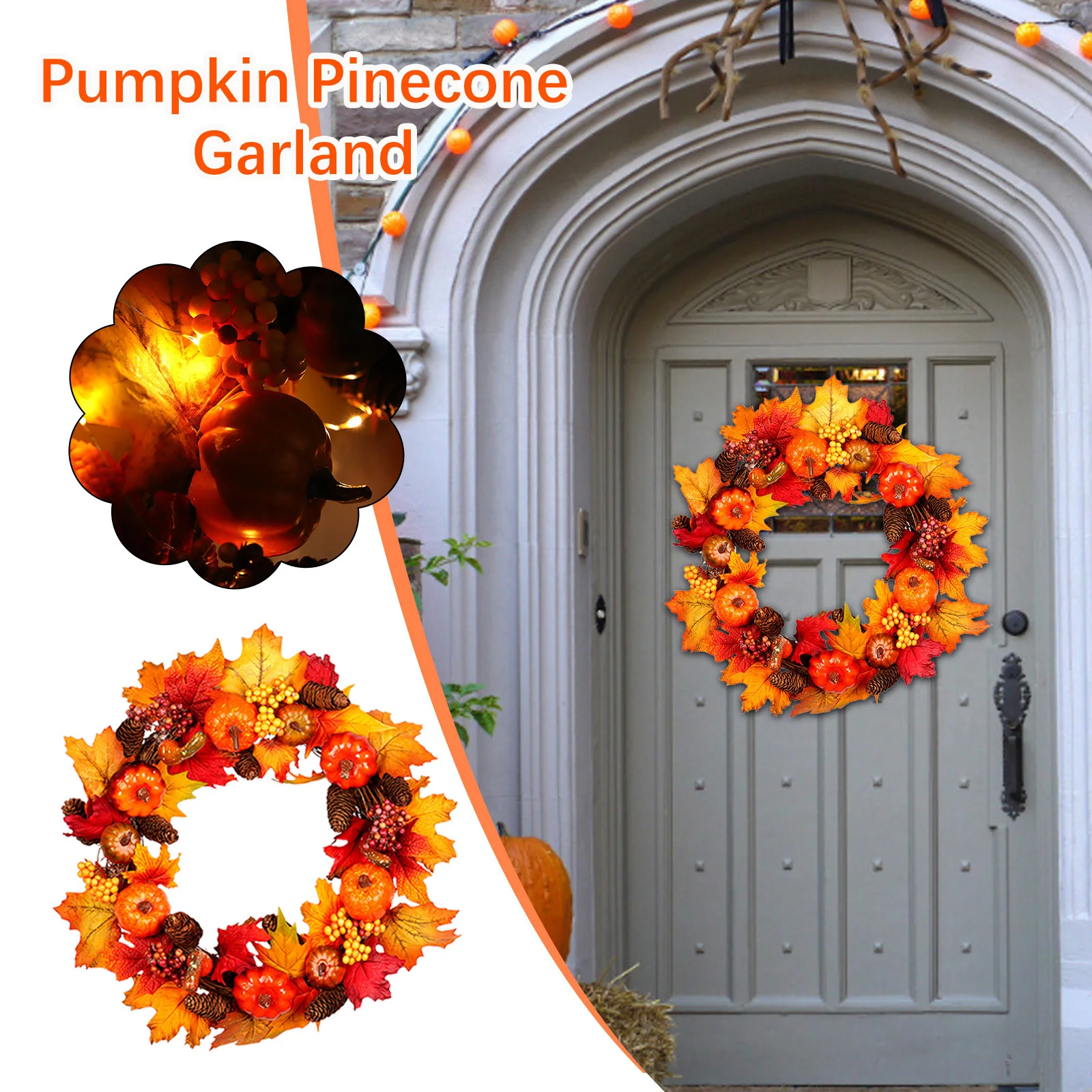 Corona de cono de pino de calabaza de otoño con LED, guirnalda luminosa ...