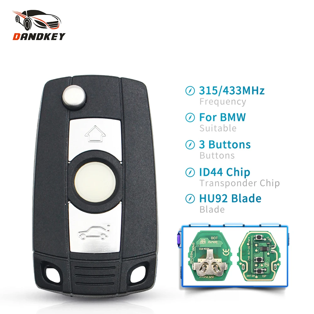Dandkey 315/433mhz Remote Car Key Control Id44 Flip Key Shell For Bmw ...