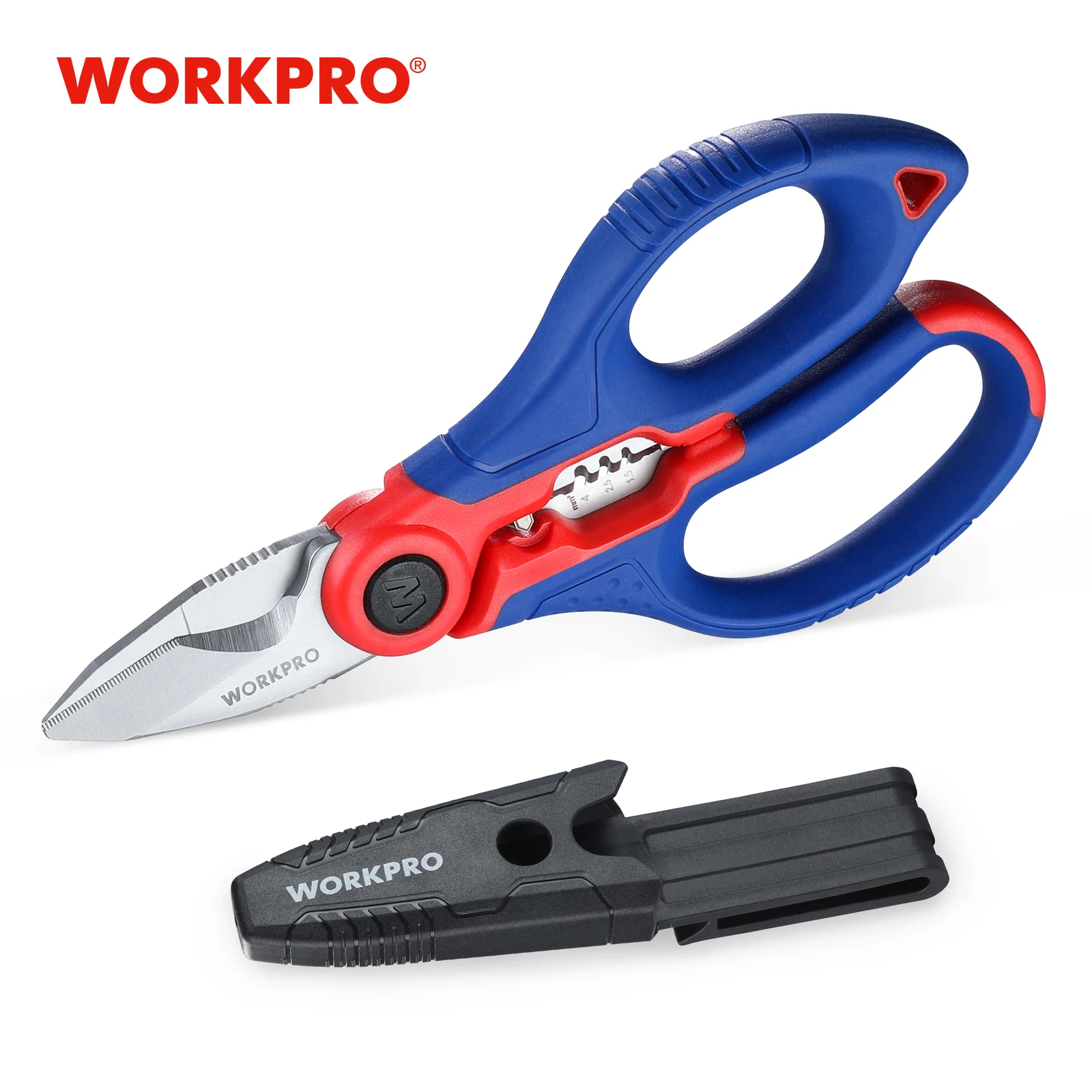 WORKPRO-Tijeras de electricista con pelacables, multifunción, de acero inoxidable, con funda de ...