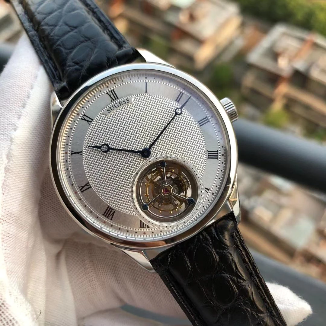 Sugess Tourbillon 남성용 스켈레톤 기계식 시계, 갈매기 무브먼트, 사파이어 비즈니스 럭셔리 시계, 악어 스트랩 ...