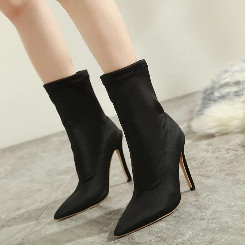 Botas de punto con punta estrecha para Mujer, botines de tacón alto ...