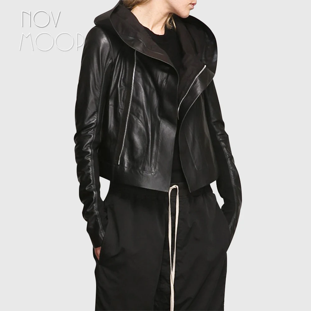 Black-genuine-leather-coat-women-sleek-sheepskin-hooded-motorcycle ...