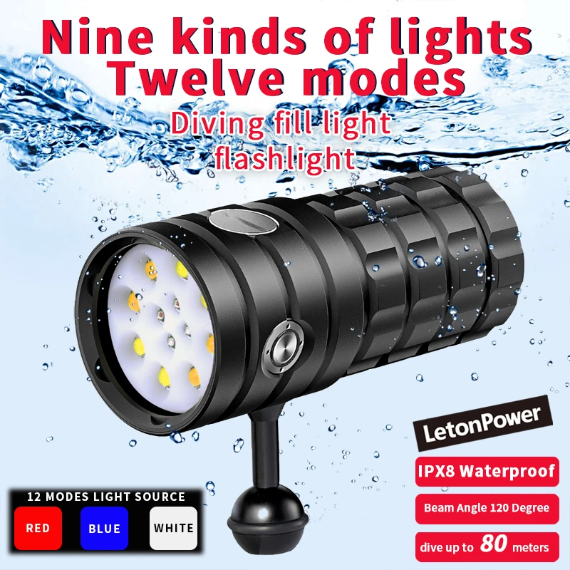 LetonPower Diving Flashlight 25000Lumens underwater flashlight 100m ...
