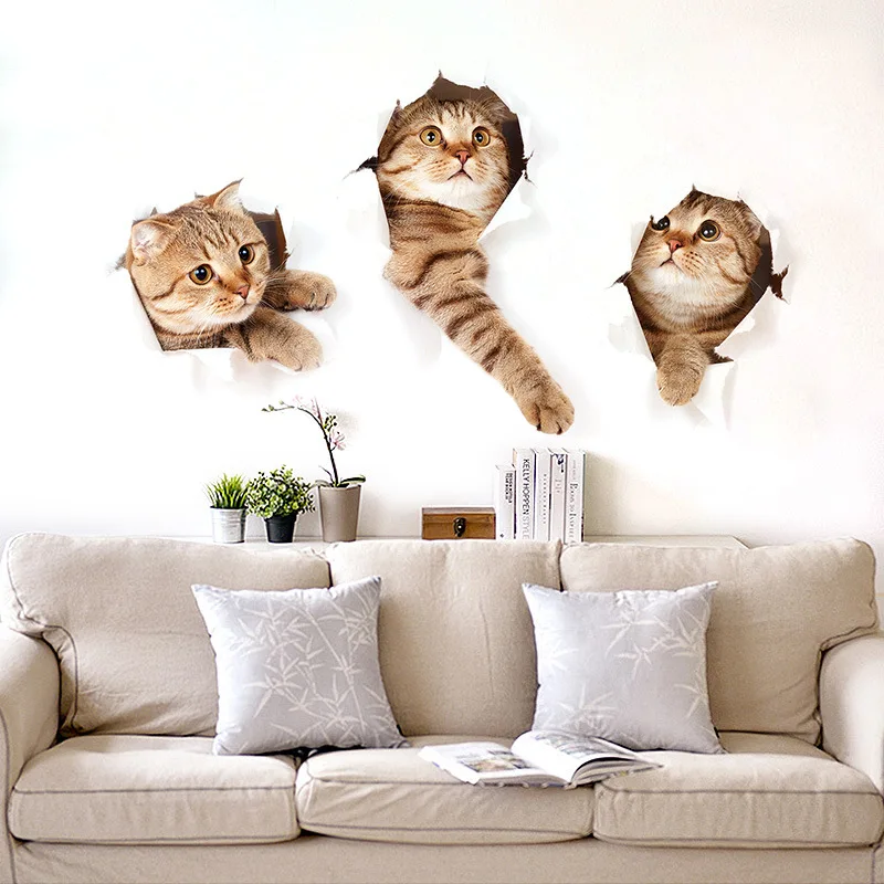 3D Cat Wall Sticker Hole View Vivid Living Room Home Decor Wall Decals ...