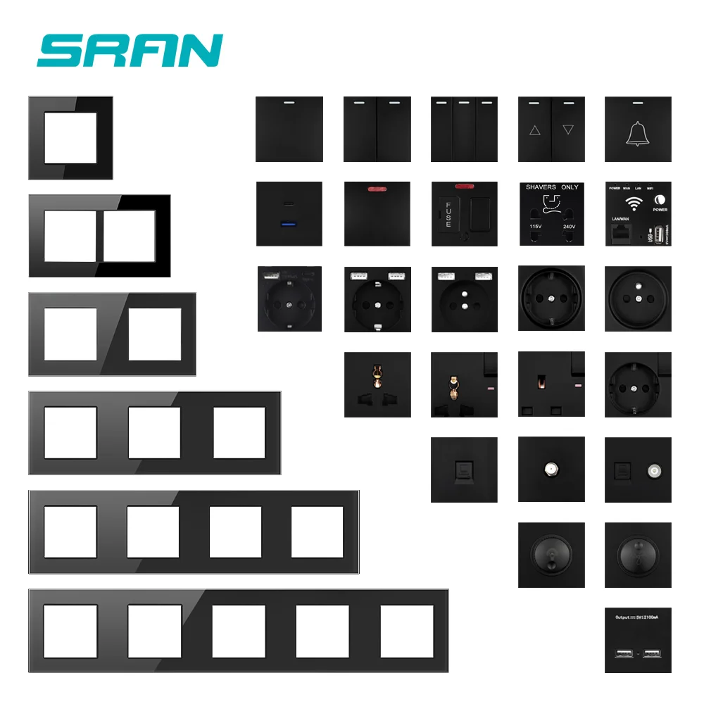 SRAN A6 Series Black Glass Panel Wall Switch EU French Power Socket USB ...