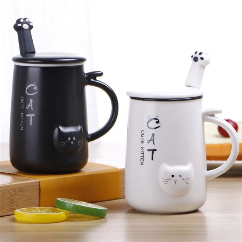 Taza de café de cerámica minimalista con tapa y cuchara, taza creativa de porcelana para leche y ...