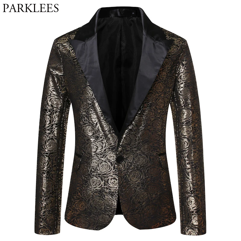 Men's Rose Gold Print Suit Jacket One Button Patchwork Colalr Dress ...