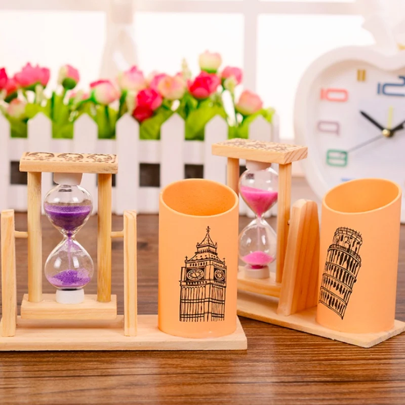 Wooden Pencil Stand Timer Wood Pen Holder Office Desk Accessories with ...