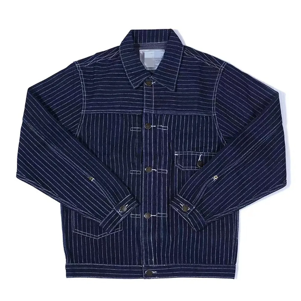Denim Jacket For Men Blue Railroad Locomotive Vertical Stripes Khaki ...